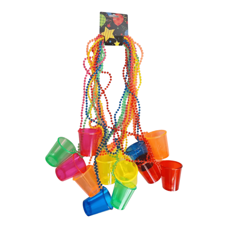 12 collares de perlas con vasos para shots translucidos – Mundo Fiesta
